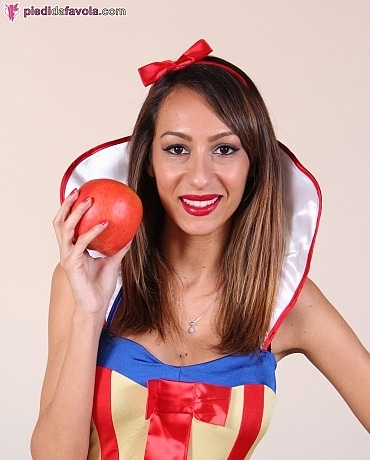 Sexy and sweet Daniela dressed in a Snow-White cosplay costume with sheer nylons